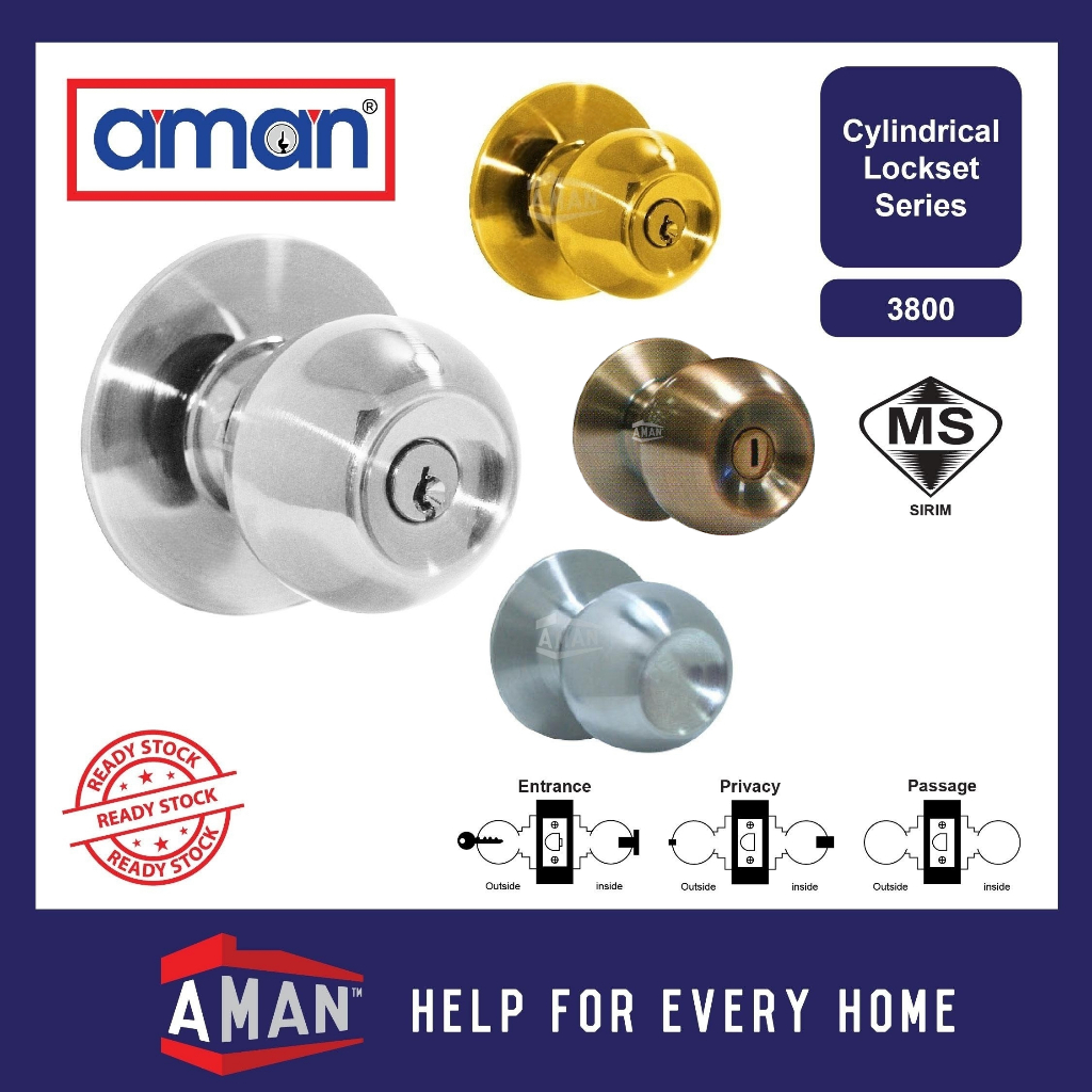 AMAN Cylindrical Door Knob Lock Set Entrance Privacy Passage Knobset ...