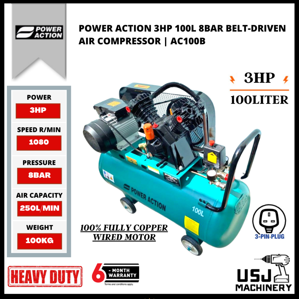 Power Action 3HP 100Litre 8Bar/115psi Belt-Driven Air Compressor AC100B ...
