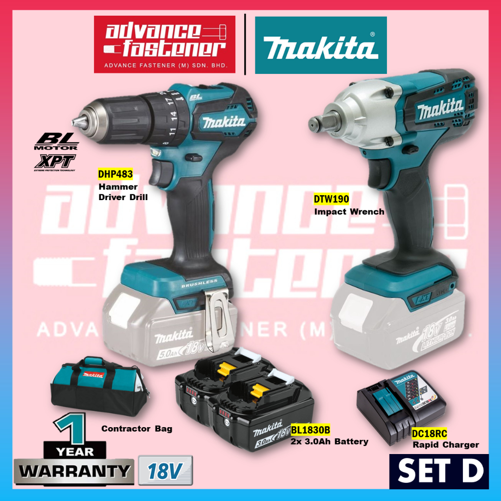 MAKITA 18V Cordless Hammer Driver Drill Impact Wrench Combo DTW190 ...