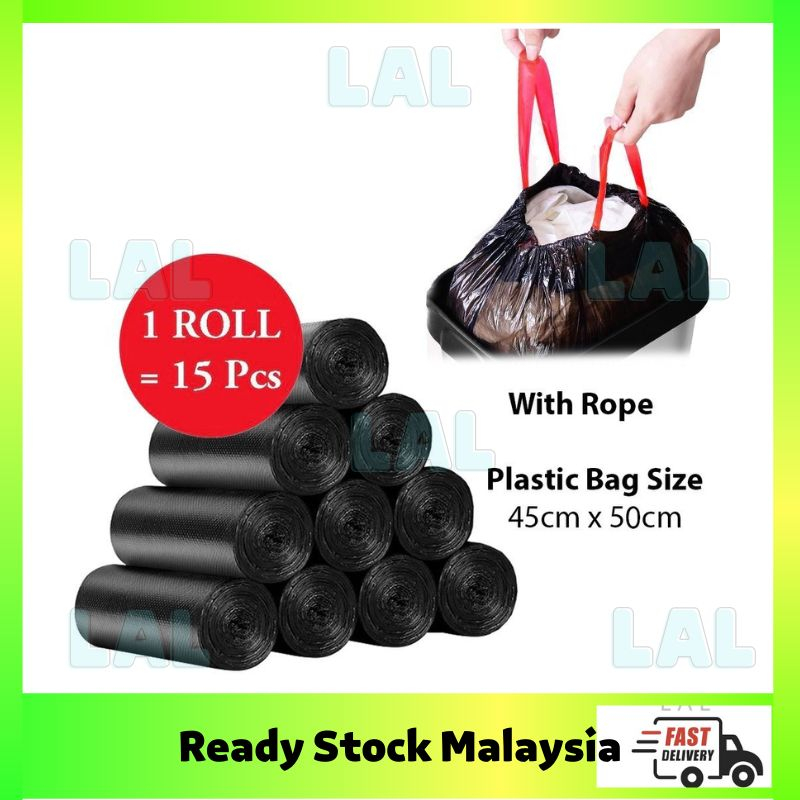 15pcs Trash Bag Plastic Sampah Garbage / Rubbish Bag with String Handle ...