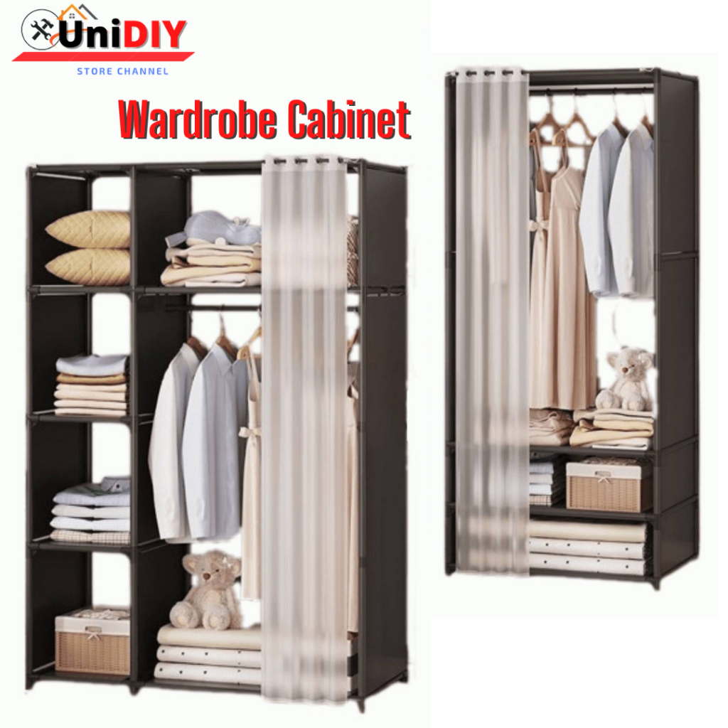 Wardrobe Cabinet Almari Baju Rak DIY Clothes Organizer With Curtain ...