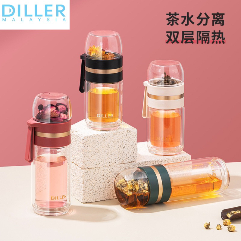 Diller Double Layer Borosilicate Glass Bottle Mug Tea Water Separate Design MLH580 (320ml/400ml ...