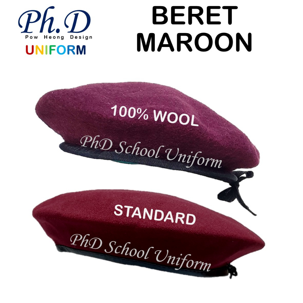 PhD Standard School Beret & 100% Wool Officer | Topi Beret Maroon ...