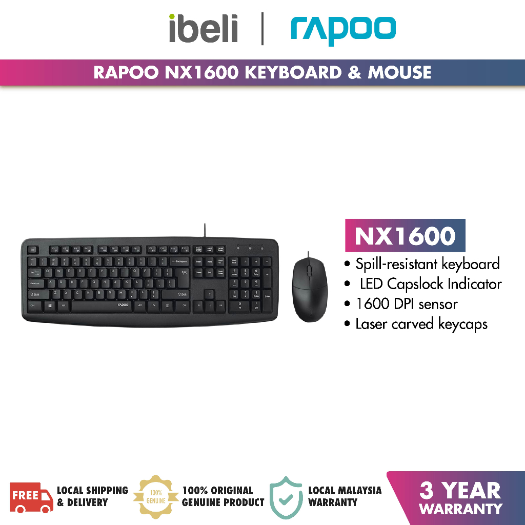 Rapoo Nx1600 Combo Wired Optical Keyboard And Wired Optical Mouse 3 Years Warranty Shopee Malaysia