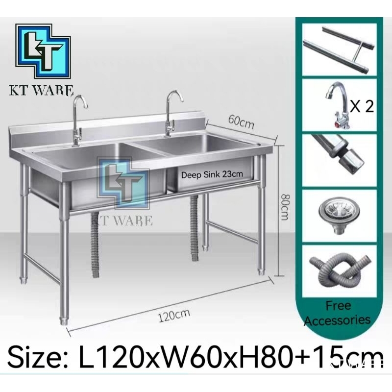 KT WARE Stainless Steel Double Bowl Sink with Stand sinki berkaki L120 ...