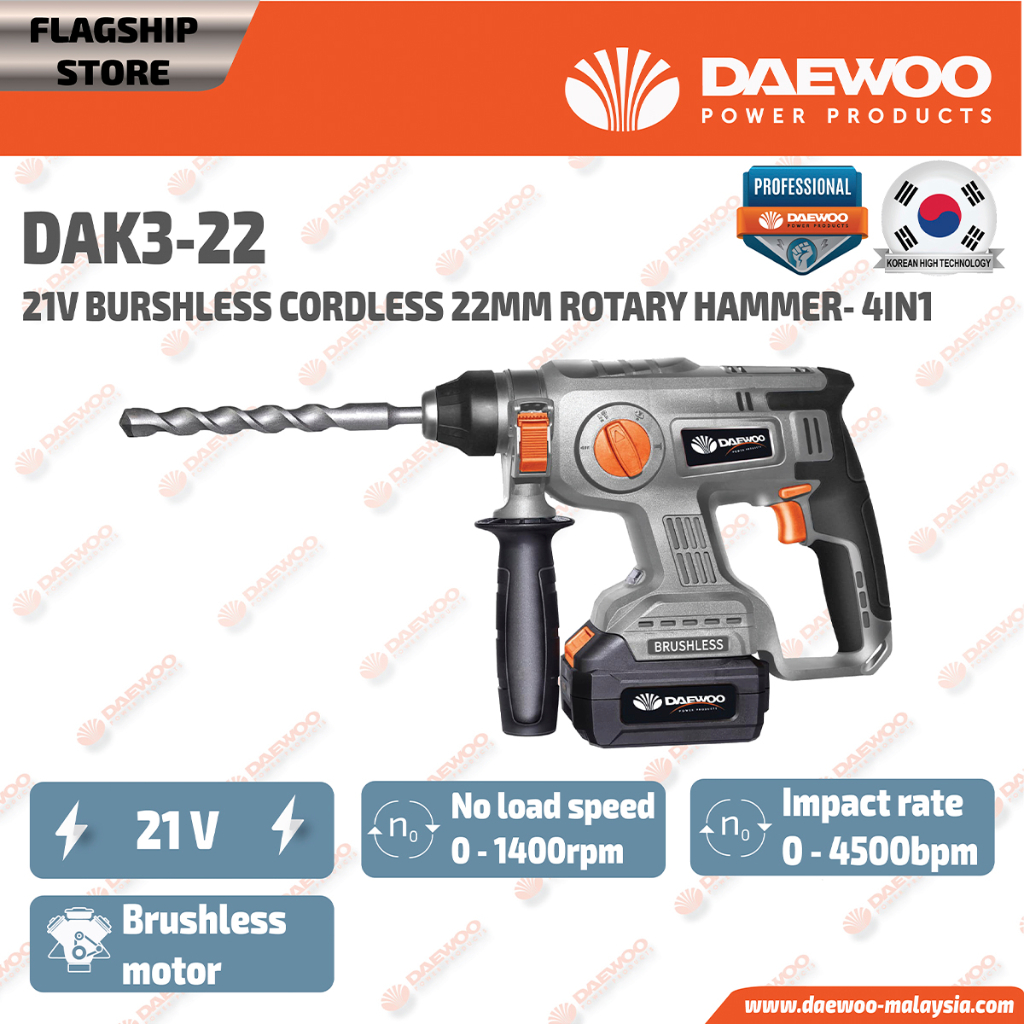 DAEWOO PRO 21V BRUSHLESS CORDLESS ROTARY HAMMER (4IN1) DAK3-22 | Shopee ...