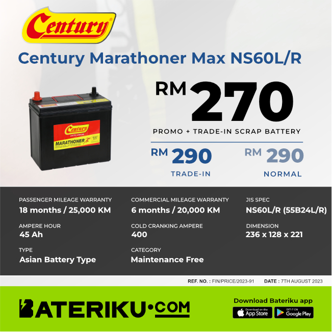 NS60L/R | 55B24L/R | MF | CENTURY | BATERI KERETA | Shopee Malaysia