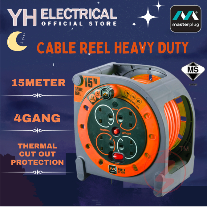 MASTERPLUG 15M Cable Reel 4 Gang Socket Work Extension HEAVY DUTY SIRIM ...