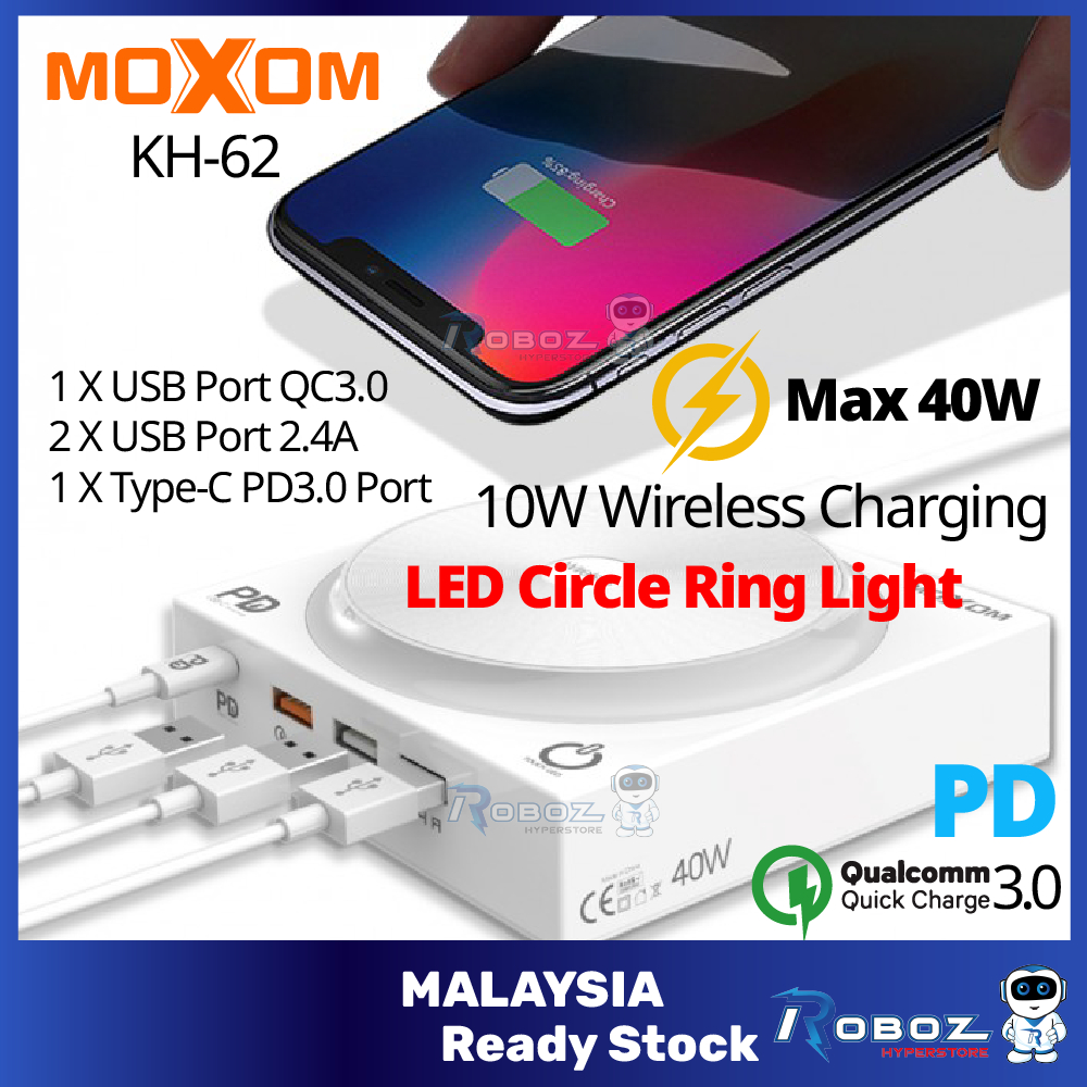 MOXOM KH-62 FAST WIRELESS CHARGER WITH MULTI PORTS MAX 40W ( QC3.0 + USB-C PD + 2 * 2.4A PORTS ...
