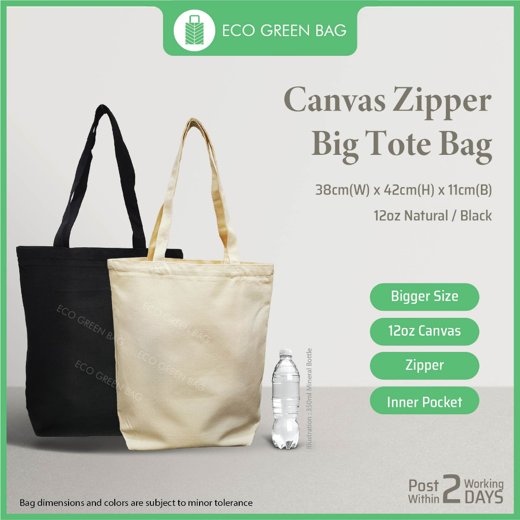 Canvas Zipper Tote Bag Tuition Bag 12oz Beg Kanvas Hitam dengan Zip ...
