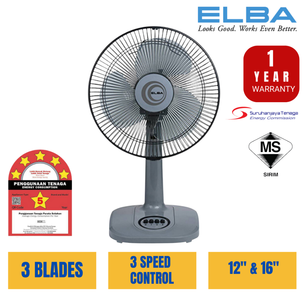 ELBA Table Fan ETF-G1220(GR) 12" / ETF-G1620(GR) 16" KIPAS PENDEK ELBA ...