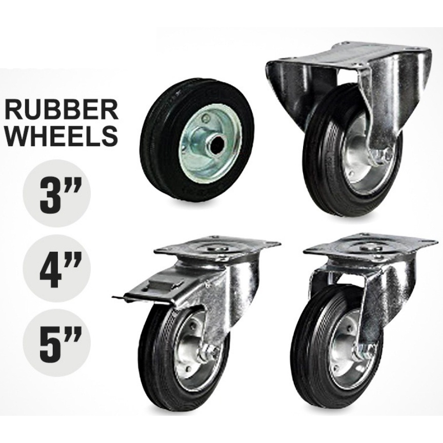 3 4 5 Inch 3" 4" 5" Rubber Castor Wheel Brake Swivel Rigid Castor ...