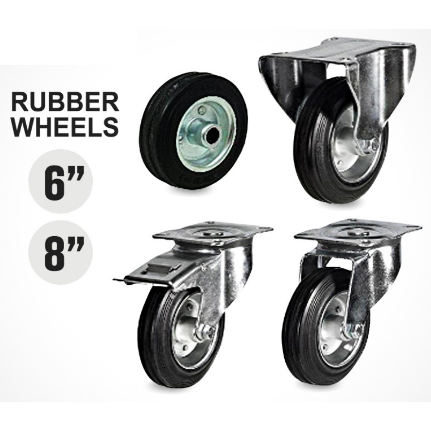 6 8 Inch Rubber Castor Wheel Brake Swivel Rigid Castor Wheels Trolley ...