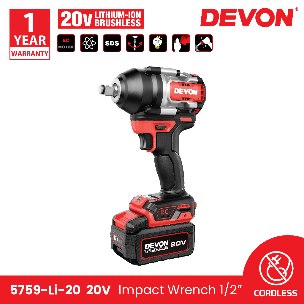 DEVON 5759-Li-20 20V Lithium-Ion Brushless Cordless Impact Wrench 1/2" | Shopee Malaysia