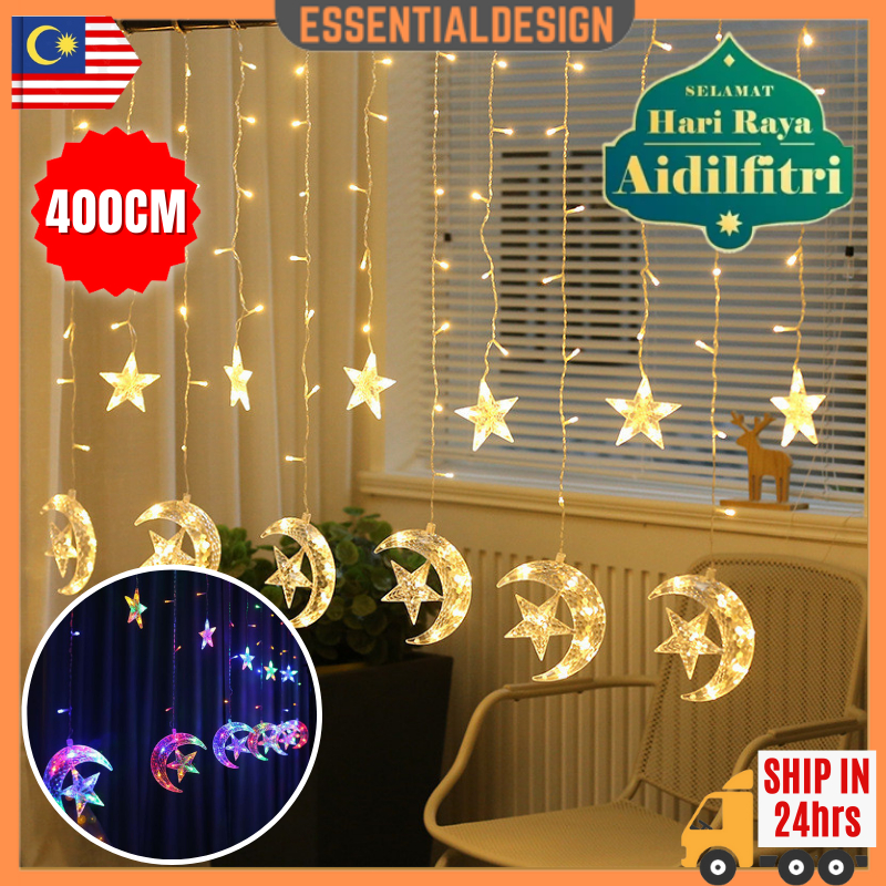 2023 Lampu Raya Lip Lap 4M LED Colourful Star Moon Curtain String Light ...
