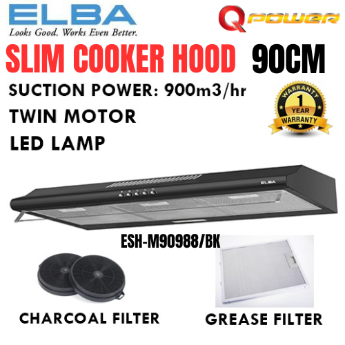 Elba Cooker Hood (90cm) Twin Motor With LED Lamp Charcoal Filter Slim ...