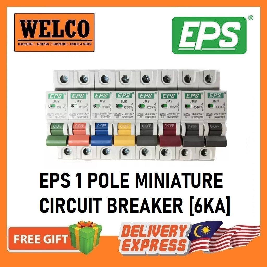 EPS 1 POLE 6kA MINIATURE CIRCUIT BREAKER [MCB] 6A, 10A, 16A, 20A, 32A SIRIM APPROVED | Shopee ...