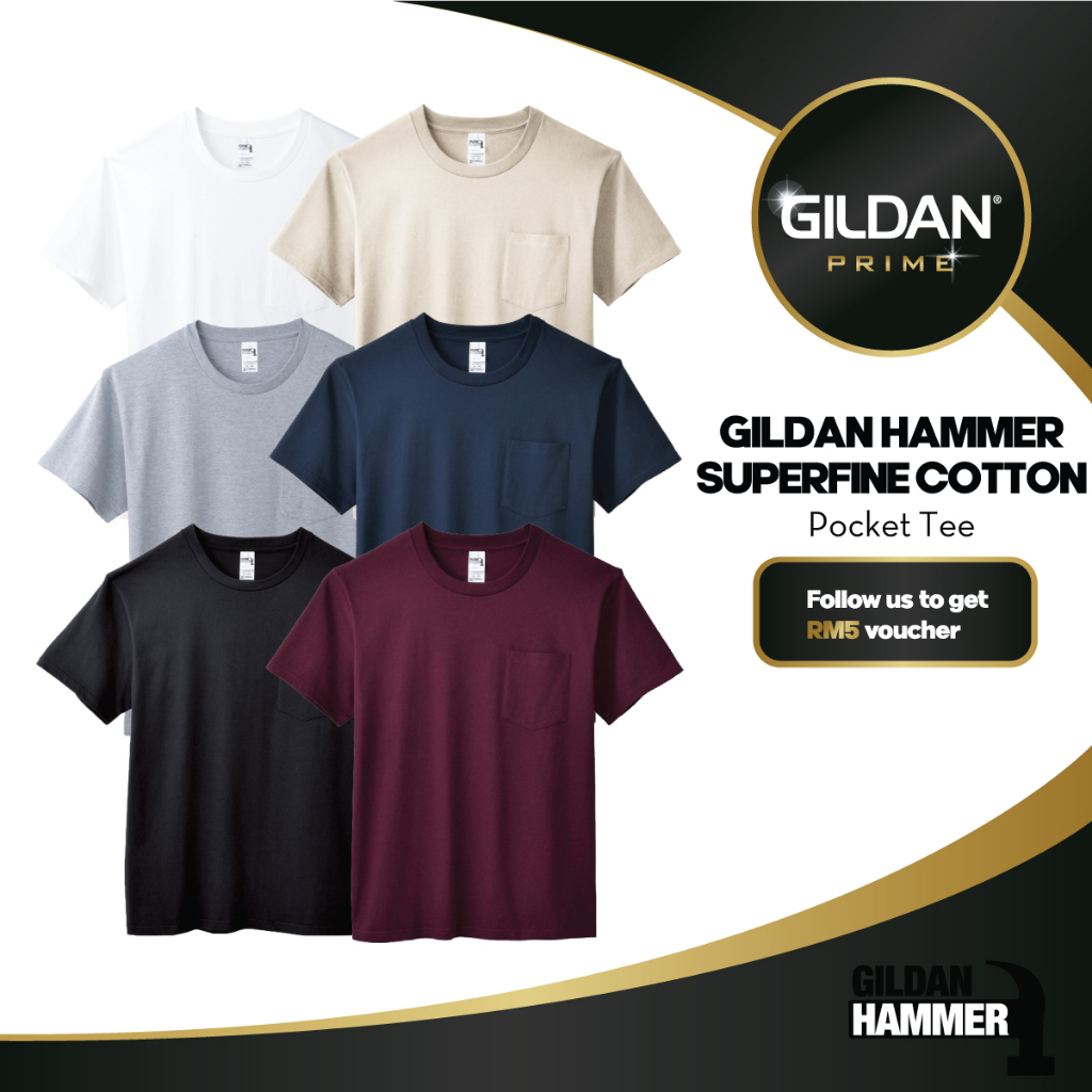 GILDAN PRIME Hammer Pocket Tee Superfine Cotton Men T-Shirt With Pocket ...
