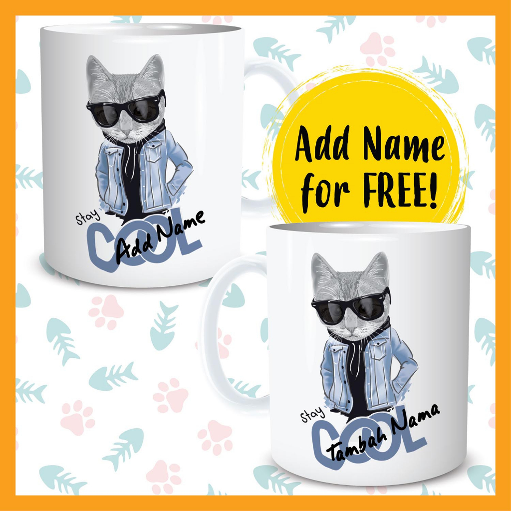 Cute Cat Coffee Mug Personalised Custom Add Name Cawan Kucing Cup Thank ...