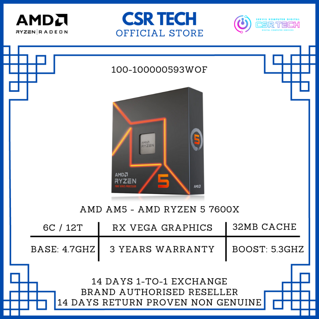 AMD RYZEN 5 7600X AM4 6 Core 12 Thread 32MB L3 CACHE AMD BOX CPU RX ...