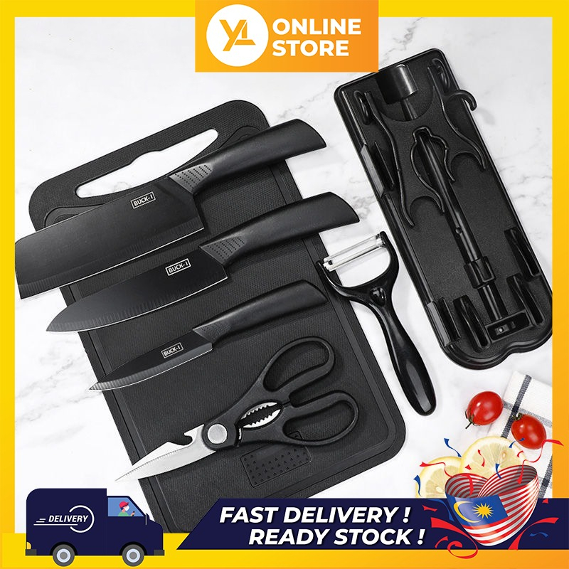 7 in 1 BLACK KNIFE SET Stainless Steel Kitchen Knives Utensils Pisau ...