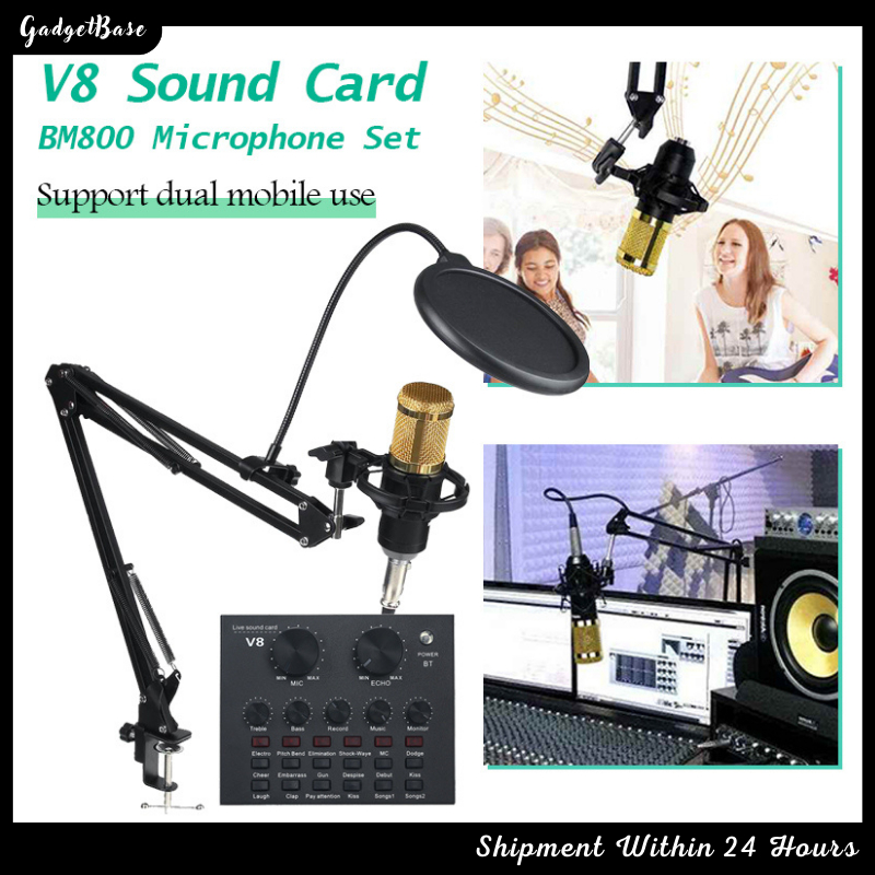 Ready Stock V8 Sound Cards With BM800 Condenser Microphone Studio Recording Kits Full Sets BM800 ...