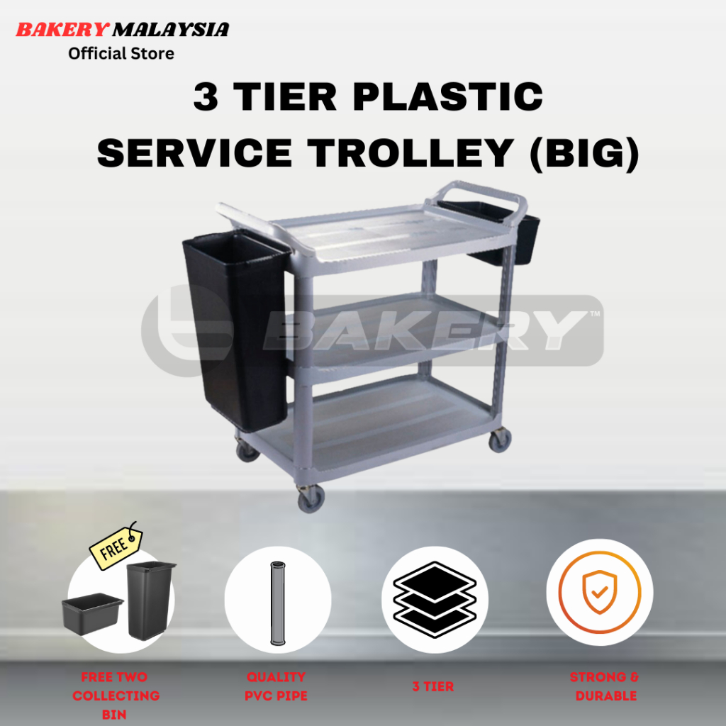 BAKERY Restaurant Dining 3 Tier Plastic Food Kitchen Trolley Cart/Troli ...
