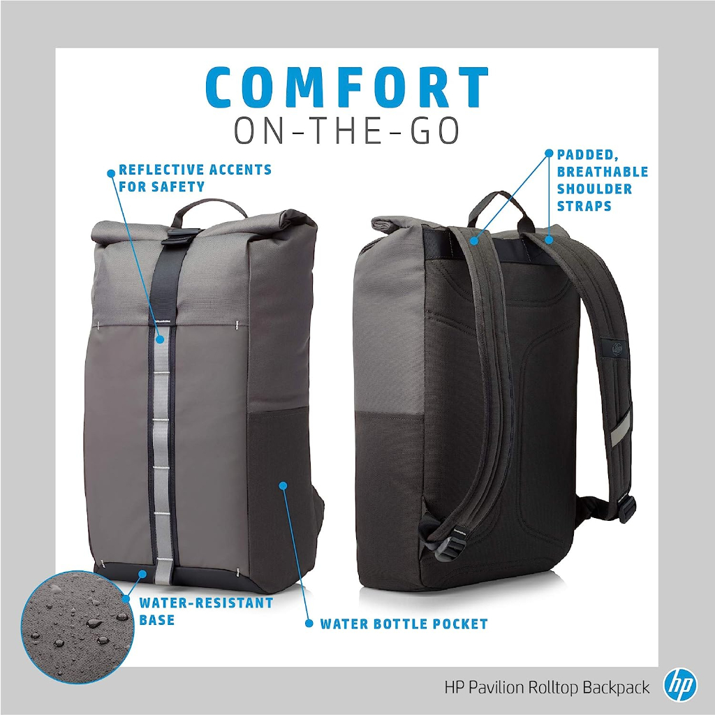 HP Pavilion Rolltop Grey Blue Laptop Notebook Backpack 15.6 Inch ...