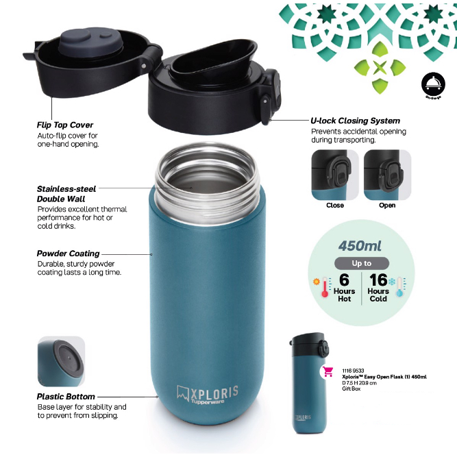 {NEW PROMO} TUPPERWARE XPLORIS EASY OPEN FLASK (1) 450ML WITH GIFT BOX ...