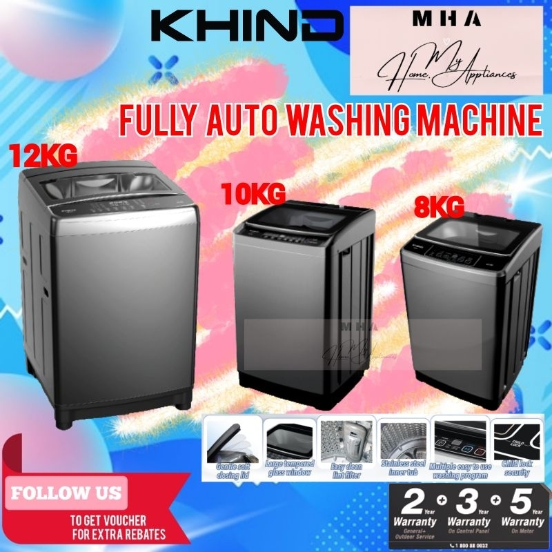 Khind WM80A 8KG / WM100A 10KG / WM120A 12KG Fully Auto Washing Machine ...