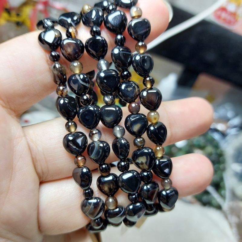 Black Agate Love Shape Bracelet 8mm X 16cm 黑玛瑙 心形 手串 8mm X 16cm ...