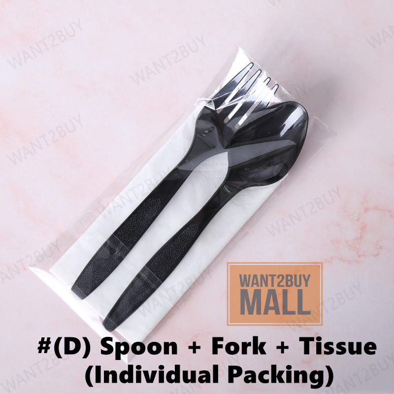 🇲🇾 🏆 3 in 1 Premium Individual Pack Black Spoon Fork Tissue Disposable ...