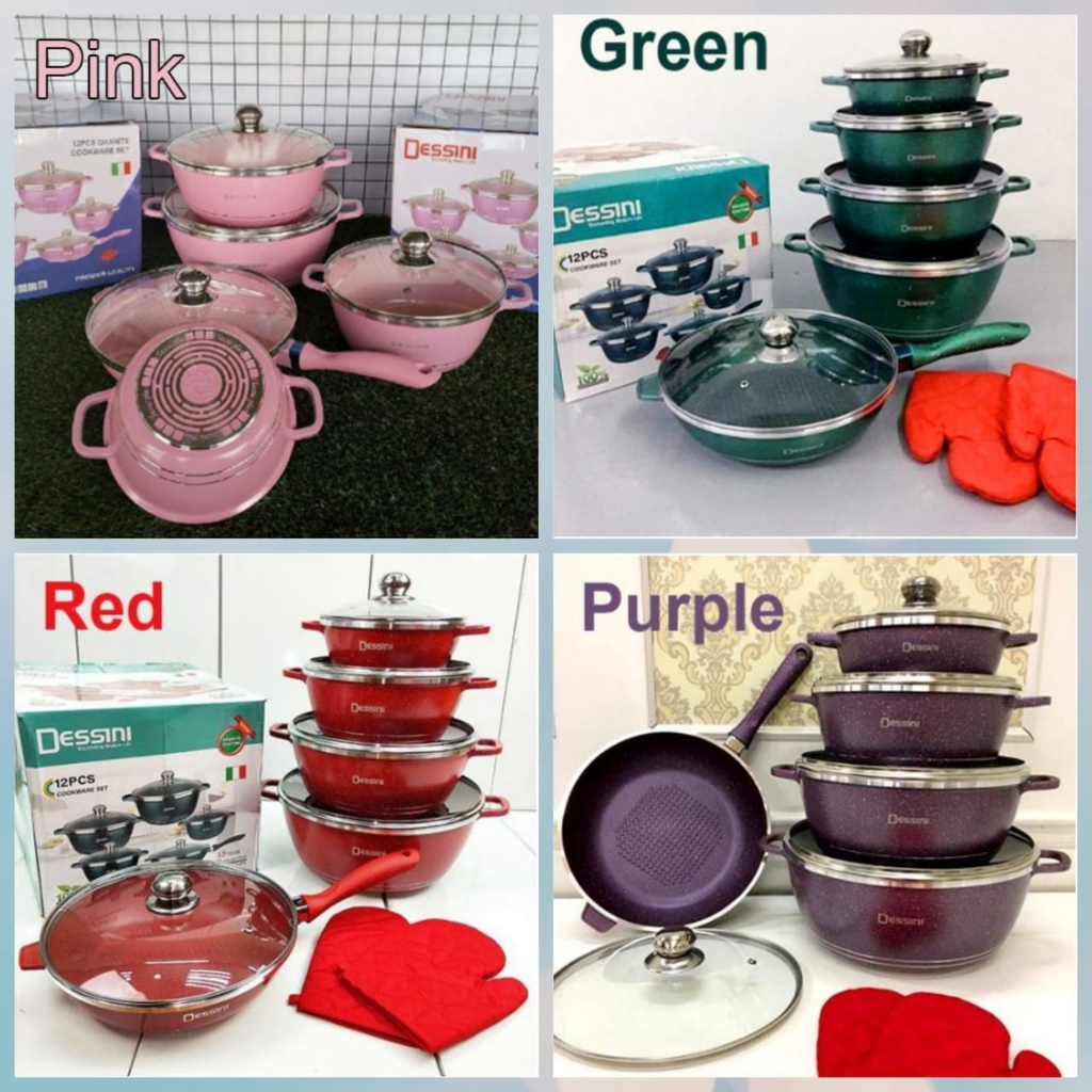 12 PCS Dessini Italy Non Stick Granite Cooking Pot Frying Pan Set ...