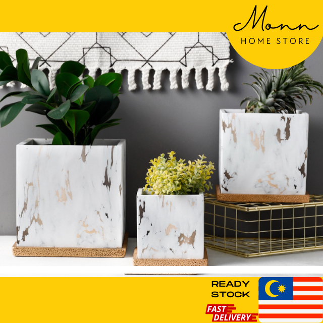 [READY STOCK] MONN Norwegian White Marble Square Ceramic Pot for Plants ...