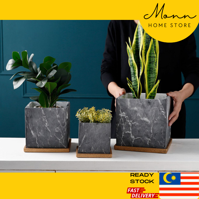 [READY STOCK] MONN Norwegian Grey Marble Square Ceramic Pot for Plants ...