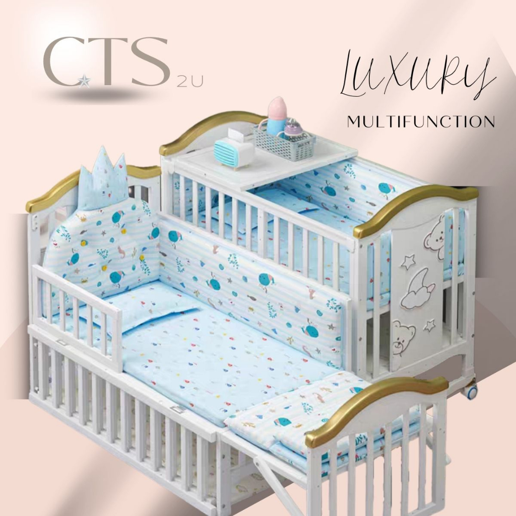 Luxury Wooden Gold White Baby Cot Multifunction kids toddler bed , Desk ...