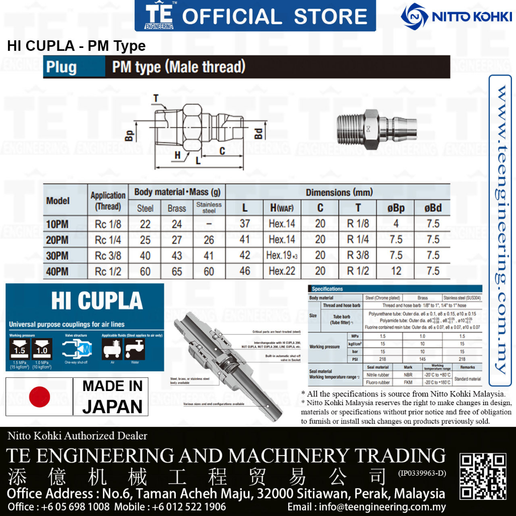 NITTO KOHKI PM Type Pneumatic Air Quick Coupler (HI CUPLA 20 PM, 30 PM, 40 PM) | Shopee Malaysia