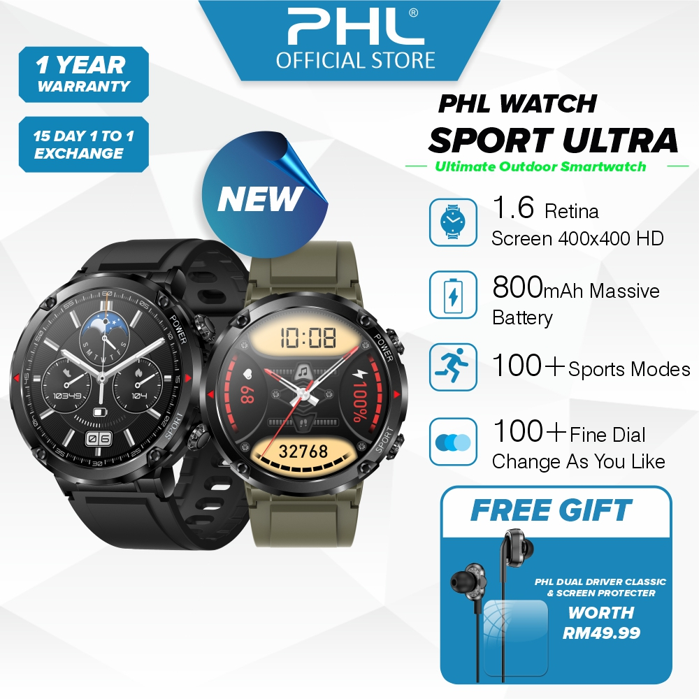 PHL WATCH SPORT ULTRA With 1.6'' Retina screen & 800mAh Massive Battery /100+ Sports Modes (52mm ...