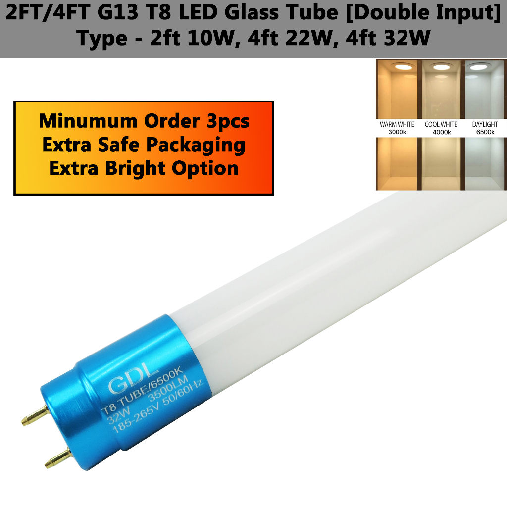 3H Lampu Mentol LED T8 Tube Kaca G13 2ft/4ft [10W/22W/32W] T8 Double Input Lampu LED Tube ...