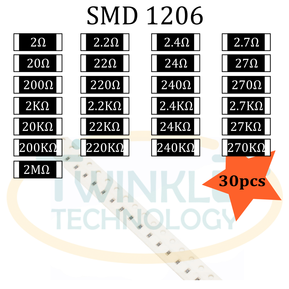 Resistor SMD 1206 2 ohm, 2.2ohm, 2.4ohm,2.7ohm, 200ohm,220ohm,240ohm ...