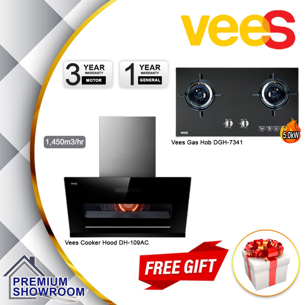 VEES KITCHEN HOOD DH-109AC SUCTION POWER 1450m3/h Lightwave Auto Clean ...