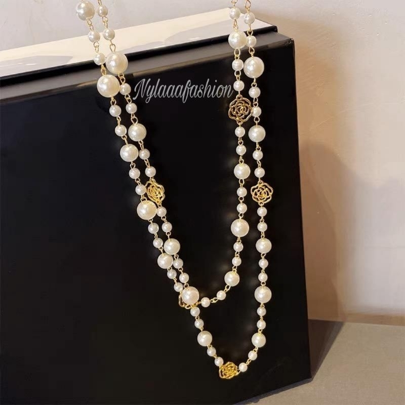 Rantai Panjang Multilayer Mutiara Palsu ins Manik Bunga Long Faux Pearl ...