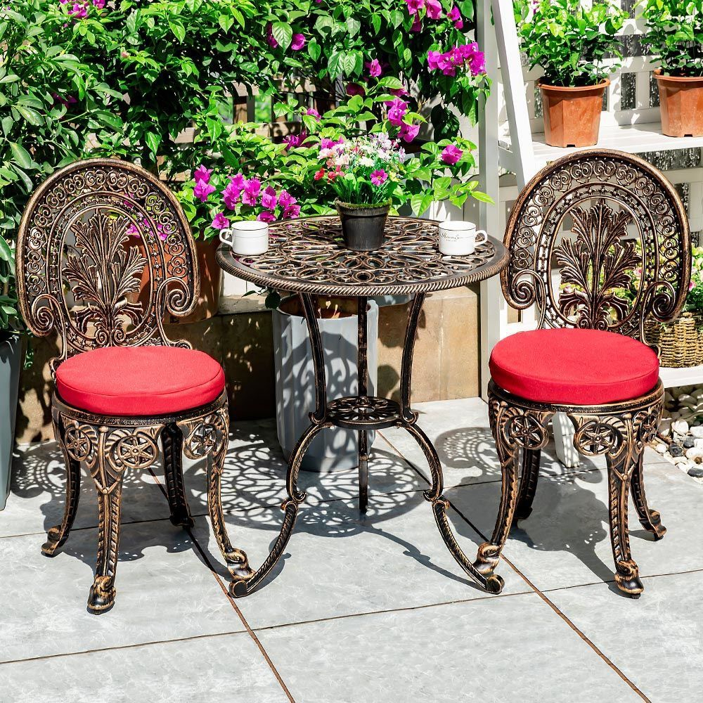 Cast aluminum table and chair sets of three, four, and five pieces in a casual European style ...