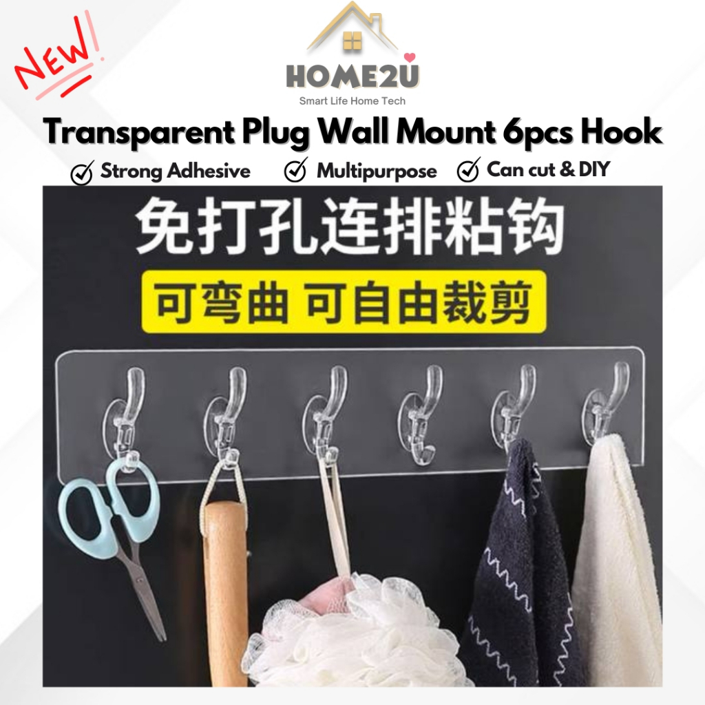 6 Row Transparent Hook 6连式透明挂钩无痕免打孔Seamless Hooks Self Adhesive ...
