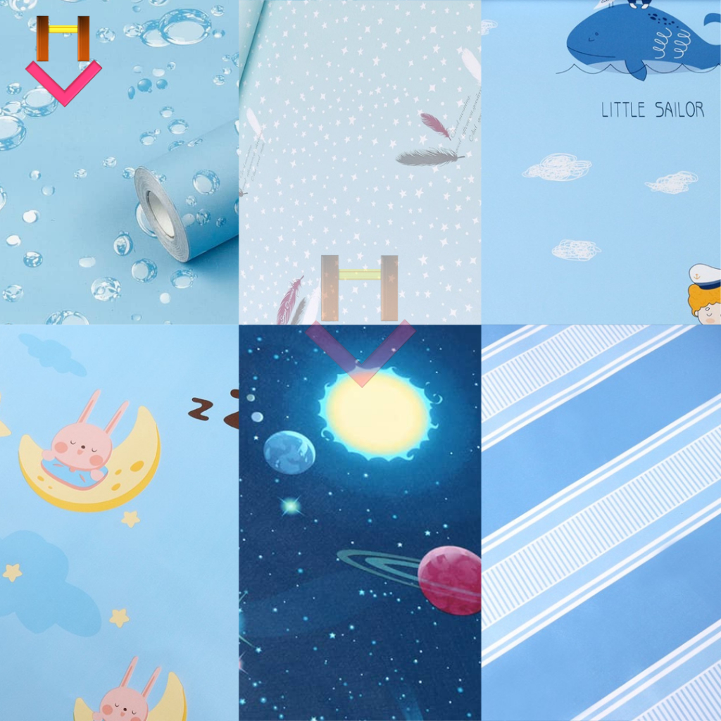 45cm x 10m Wall paper Sticker Kertas Dinding Biru 蓝色卡通墙纸 Fish Rabbit ...
