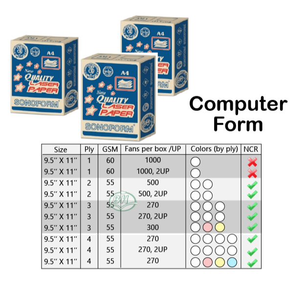 Sonoform Computer Form 1ply 2ply 3ply 4ply| W/P/Y W/P/Y/B| A4 (9.5"x11 ...