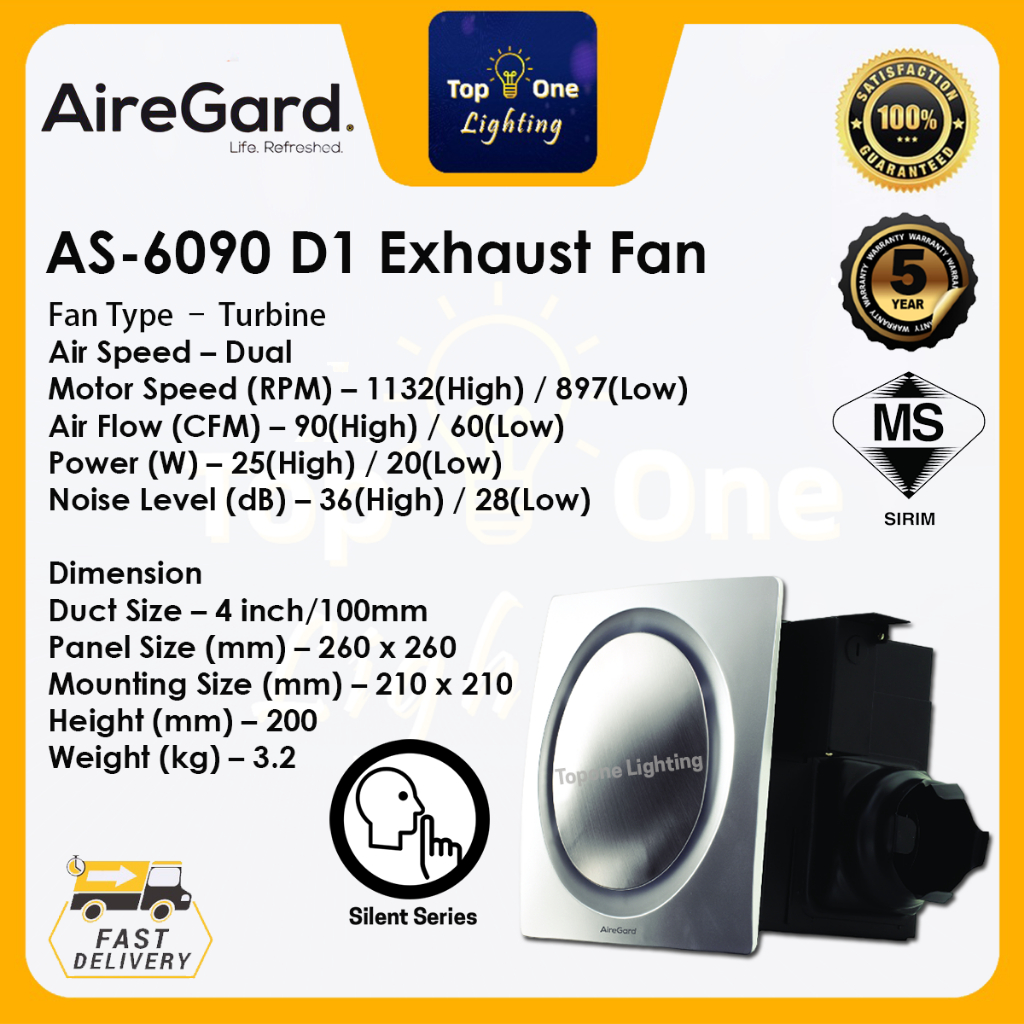 AireGard AS-6090 D1 Air Ventilation Exhaust Fan Silent Series - Silver (80 CFM/4 Inches ...