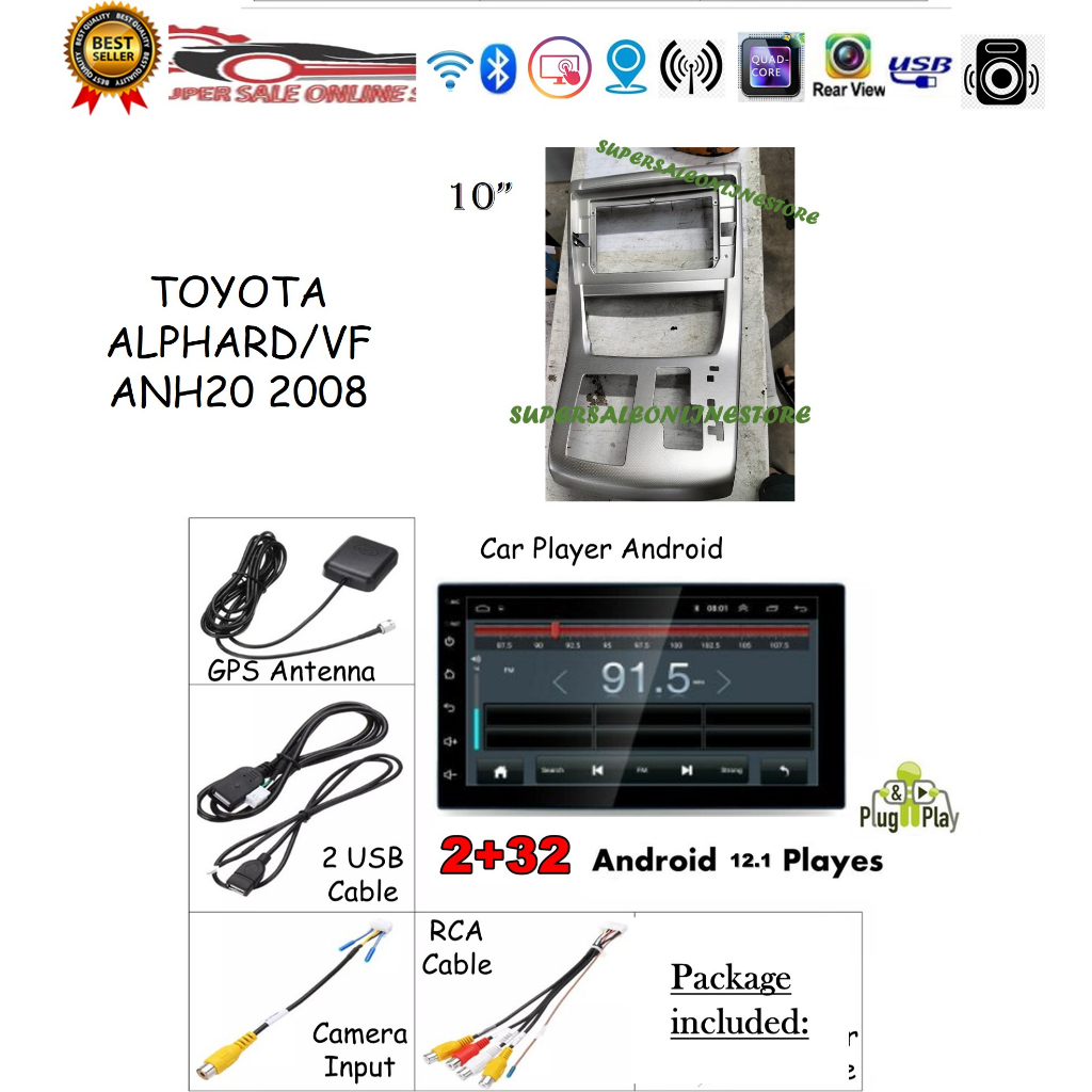 TOYOTA ALPHARD / VELLFIRE ANH20 2008-2014 android player 10 inch PLUG N ...