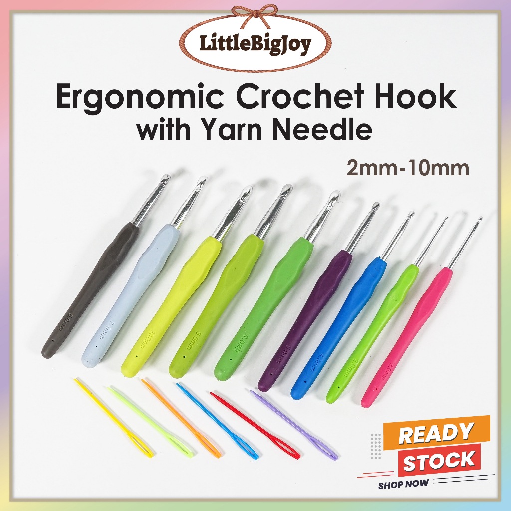 2mm to 10mm Ergonomic Crochet Hook and Yarn Needle Set Soft Grip Handle ...