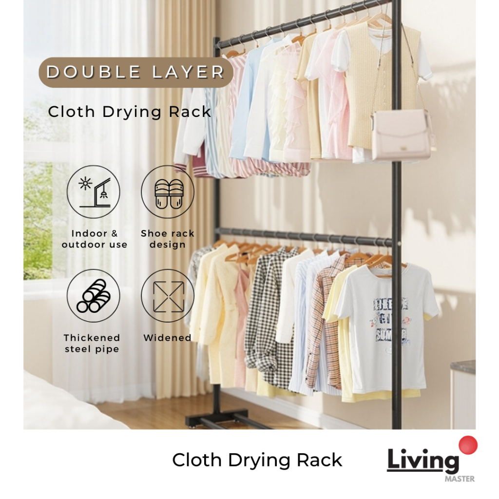 Double Layer Clothes Hanging Rack Coat Hanger Laundry Cloth Drying Rack ...